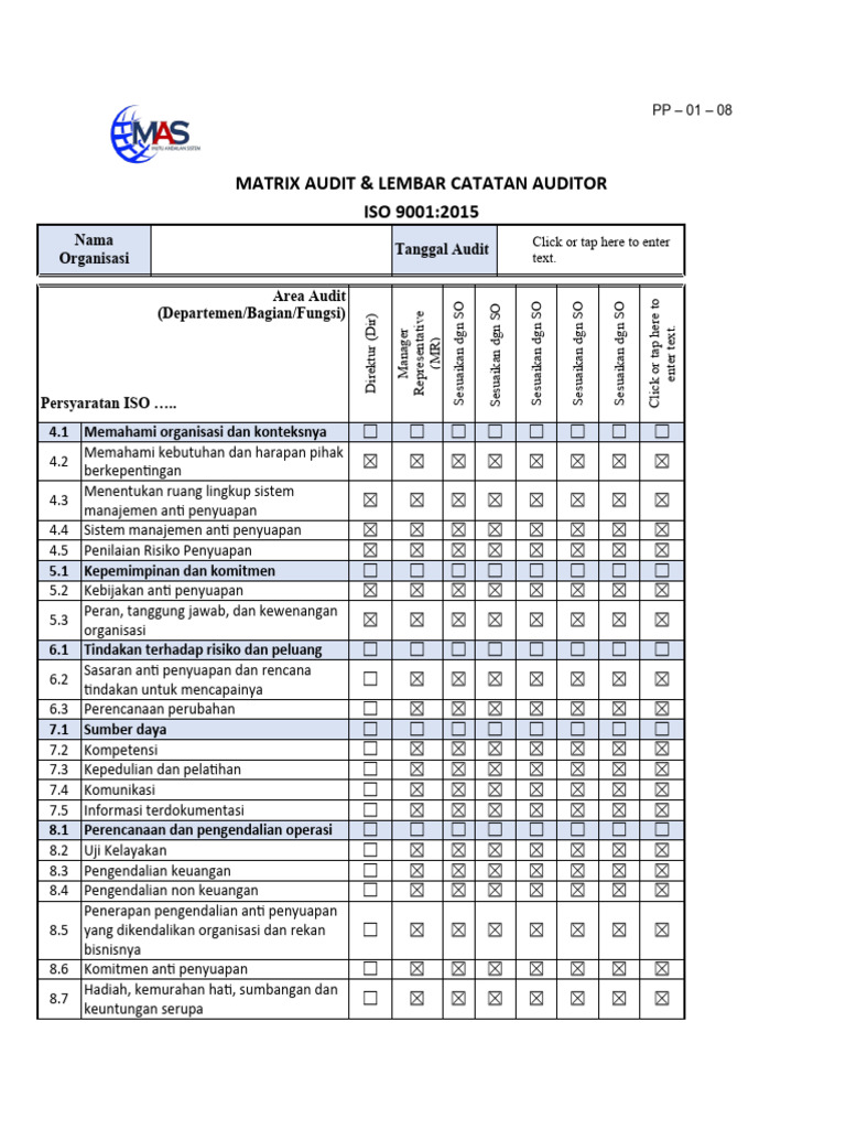 PP-01-08 Matrix Audit & Lembar Catatan Auditor | PDF
