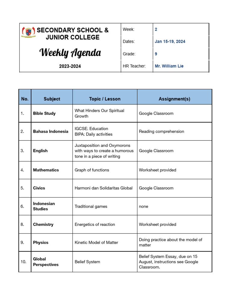 Weekly Agenda Grade 9 - 2023 - 2024 | PDF