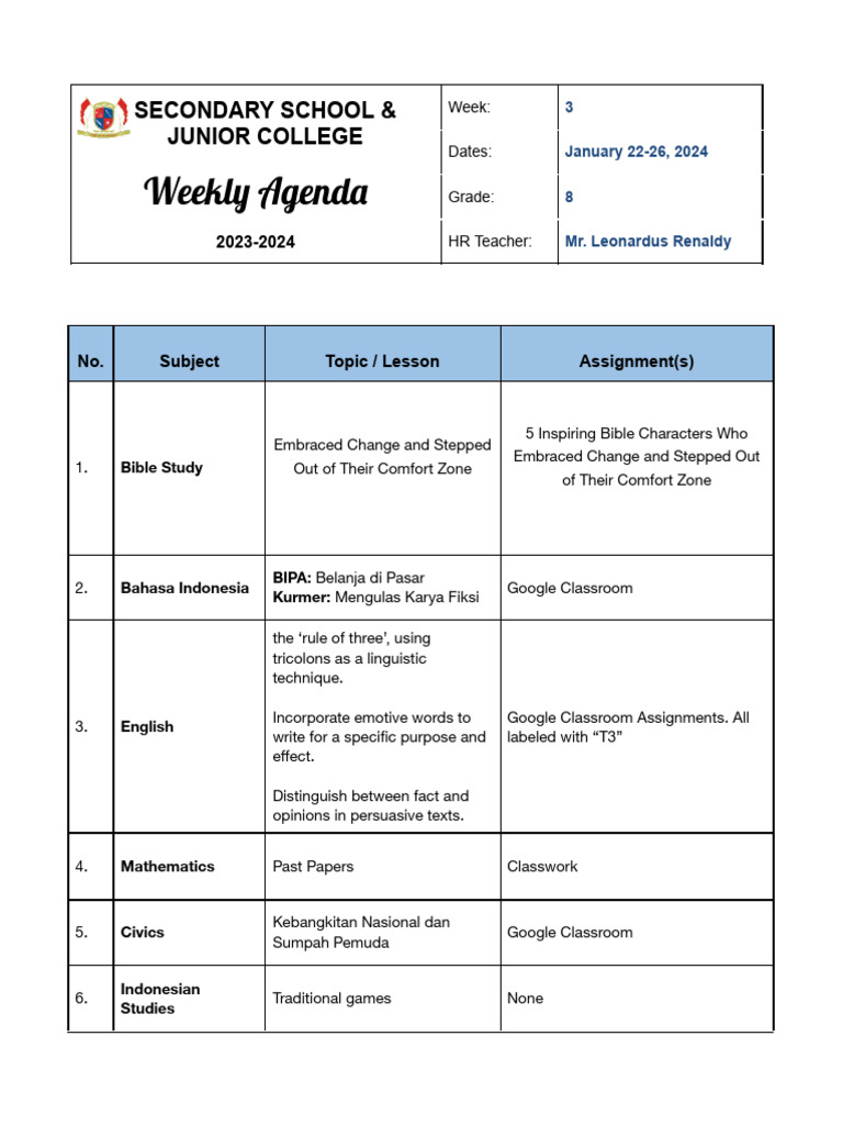 Weekly Agenda Grade 8 - 2022 - 2023 | PDF | Human Communication