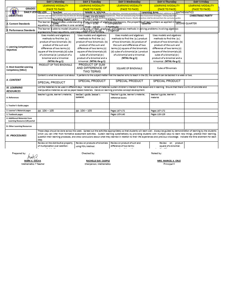 Q2 Week 6 Lesson G7 DLL | PDF | Learning | Equations