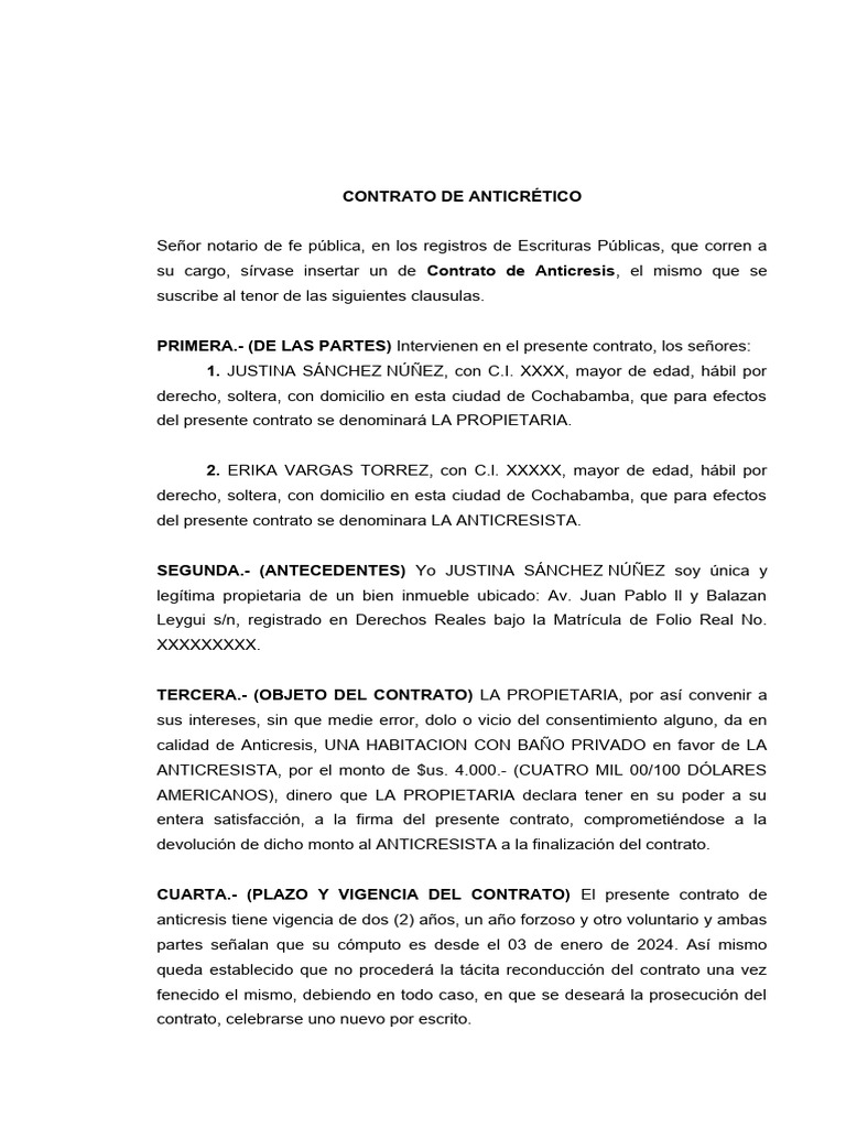 Contrato de Anticretico Bolivia | PDF | Derecho privado | Justicia
