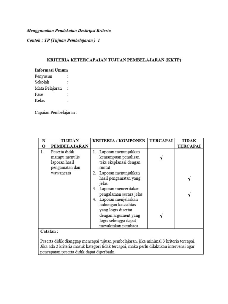 Contoh Dan Template KKTP Menggunakan Pendekatan Deskripsi Kriteria | PDF