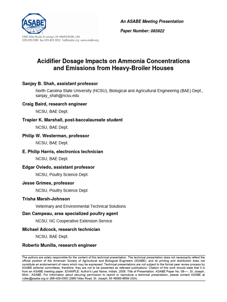 PLT Acidifier Dosage Impacts On Ammonia Concentrations NCSU Paper | PDF ...