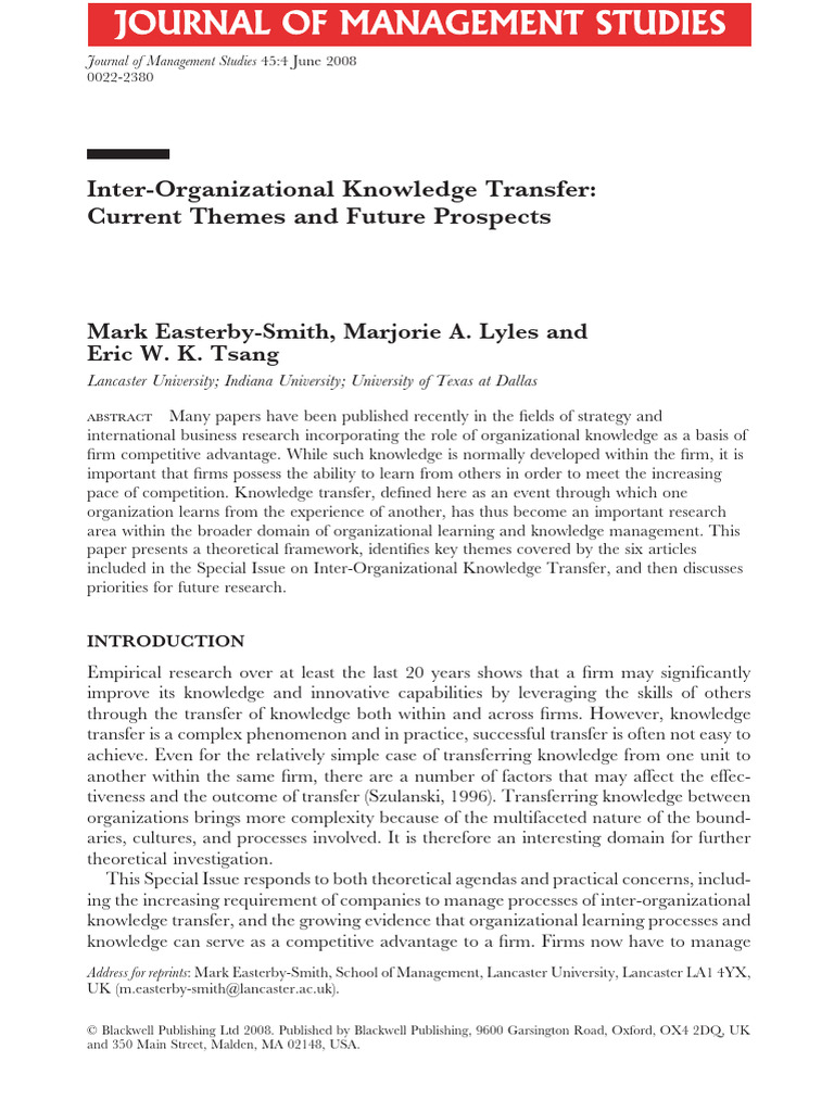 2008 - Easterby-Smith Lyles Tsang - Inter-Organizational Knowledge ...