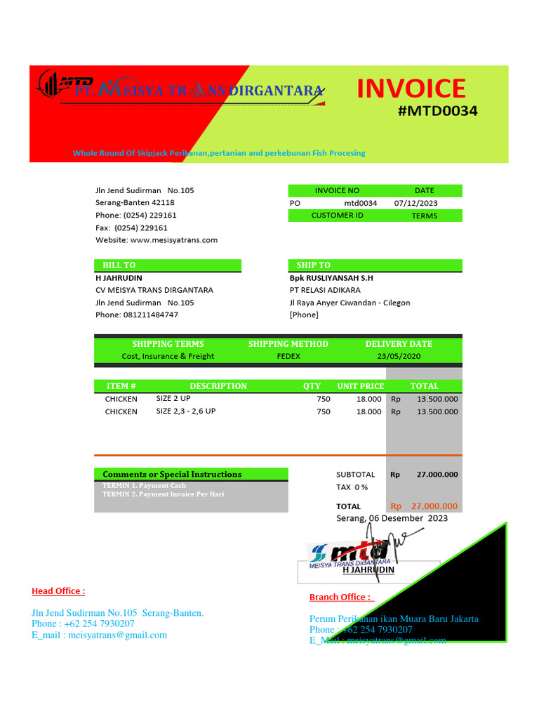 INVOICE MTD Chicken Pa Rusli | PDF | Business | Service Industries