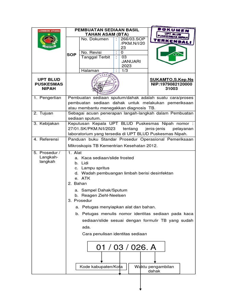 Sop Pembuatan Sediaan Bta Pdf