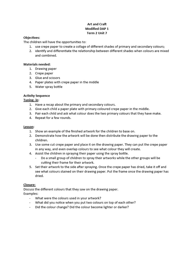 Grade 1-3 Art and Craft Lesson Plan | PDF | Home & Garden