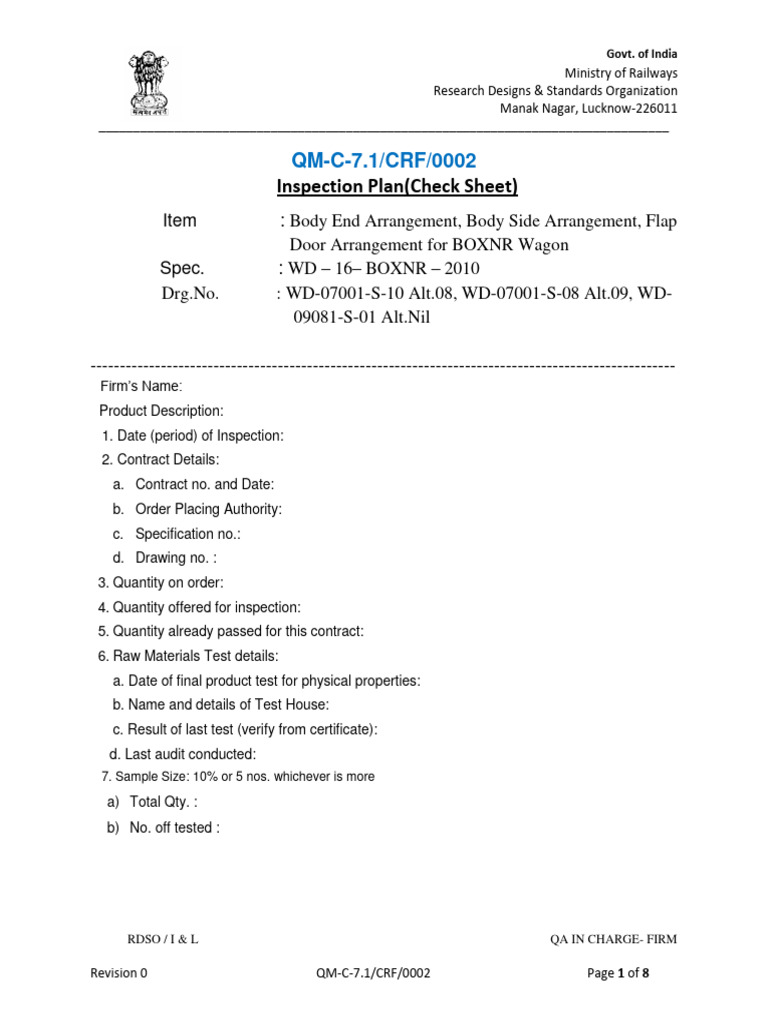 Inspection Plan (Check Sheet) : QM-C-7.1/CRF/0002 | PDF