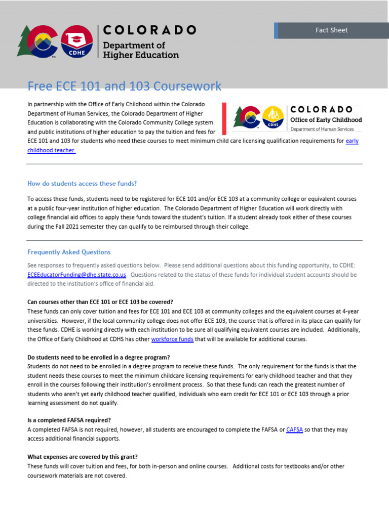 ECE 101 - 103 Fact Sheet v7 | PDF | Tuition Payments | Early Childhood Education