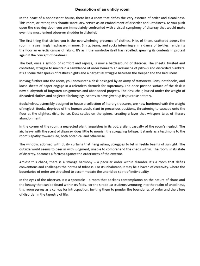 Descriptive Writing - An Untidy Room | PDF | Textiles | Furniture
