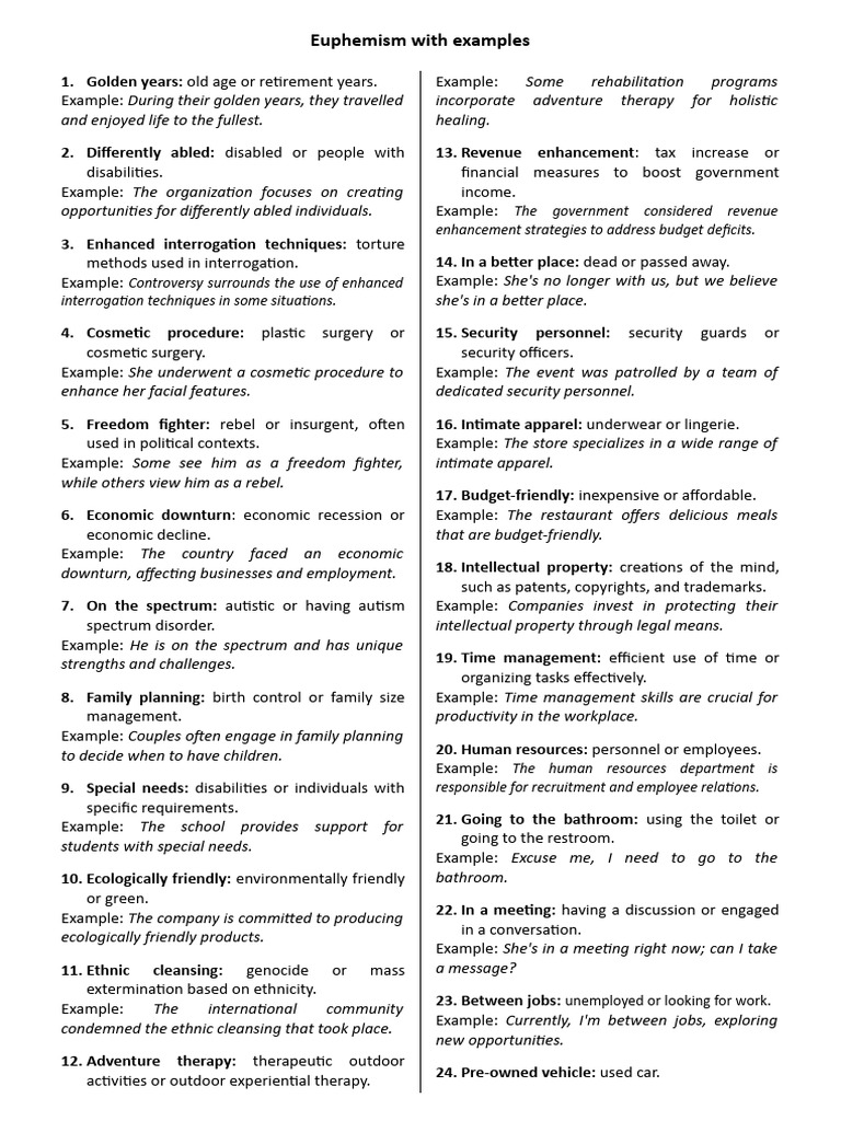 Euphemism examples Handout | PDF