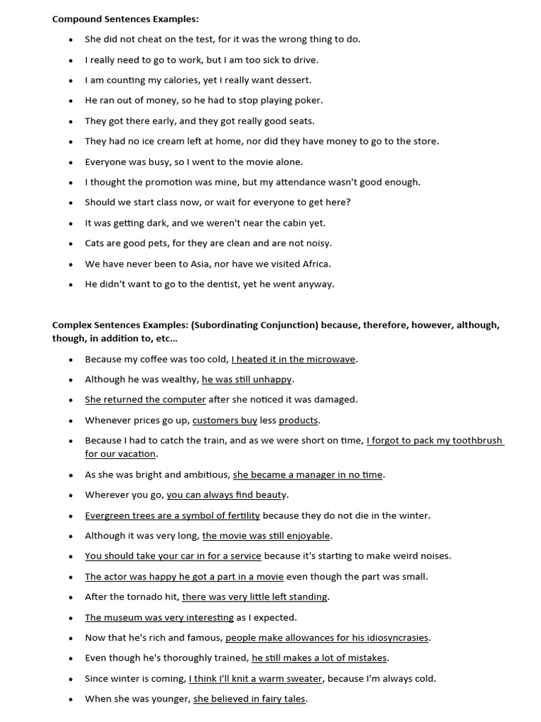 Compound, Complex and Compound Complex Sentences Examples | PDF