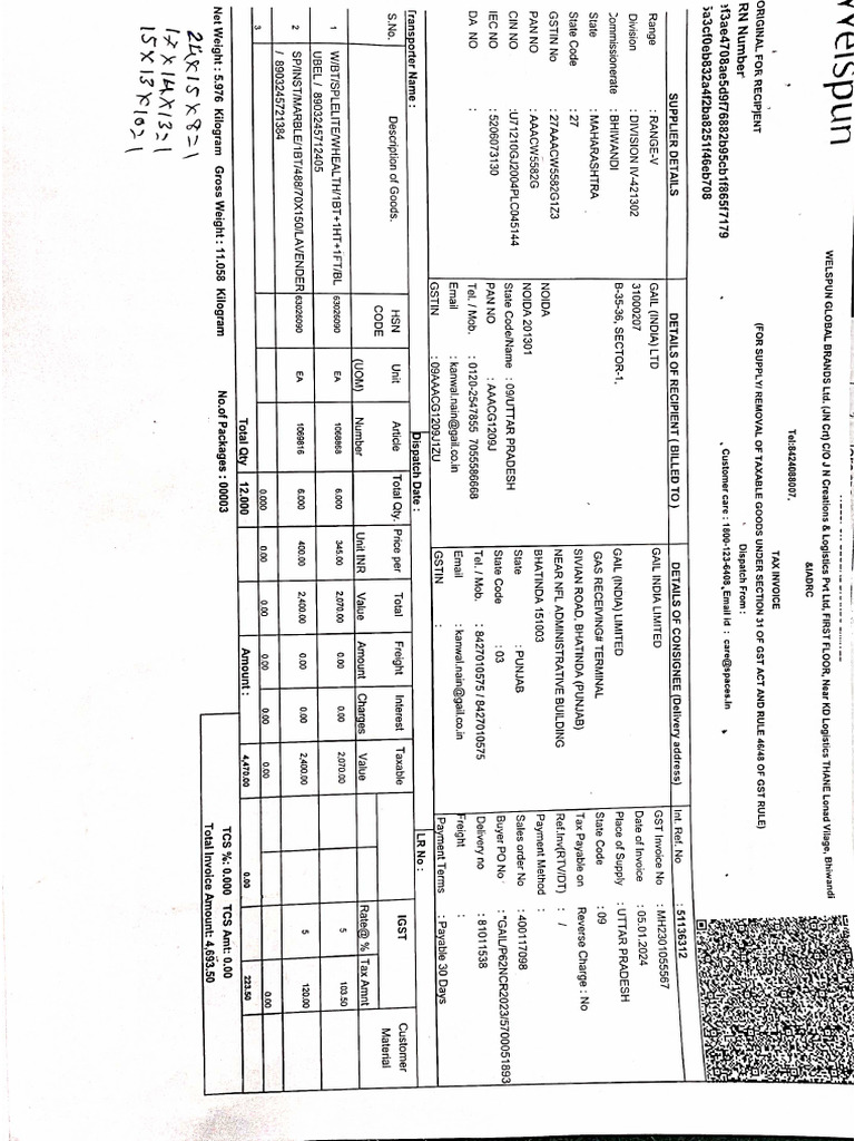 Invoice of Welspun Towels - Bhatinda Maintenance Base | PDF