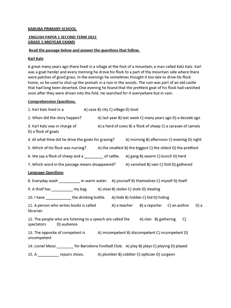 English Paper 1 and 2 Grade 5 | PDF