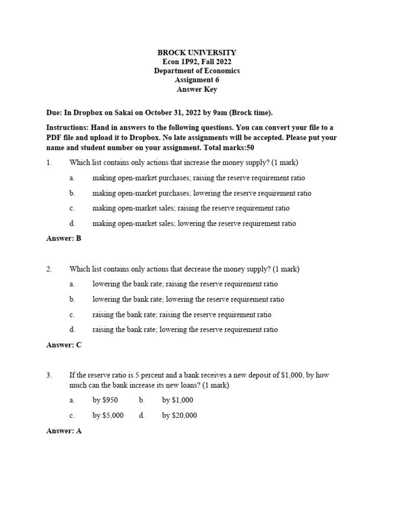Assignment 6 - Answer Key Econ 1p92 | PDF | Money | Money Supply