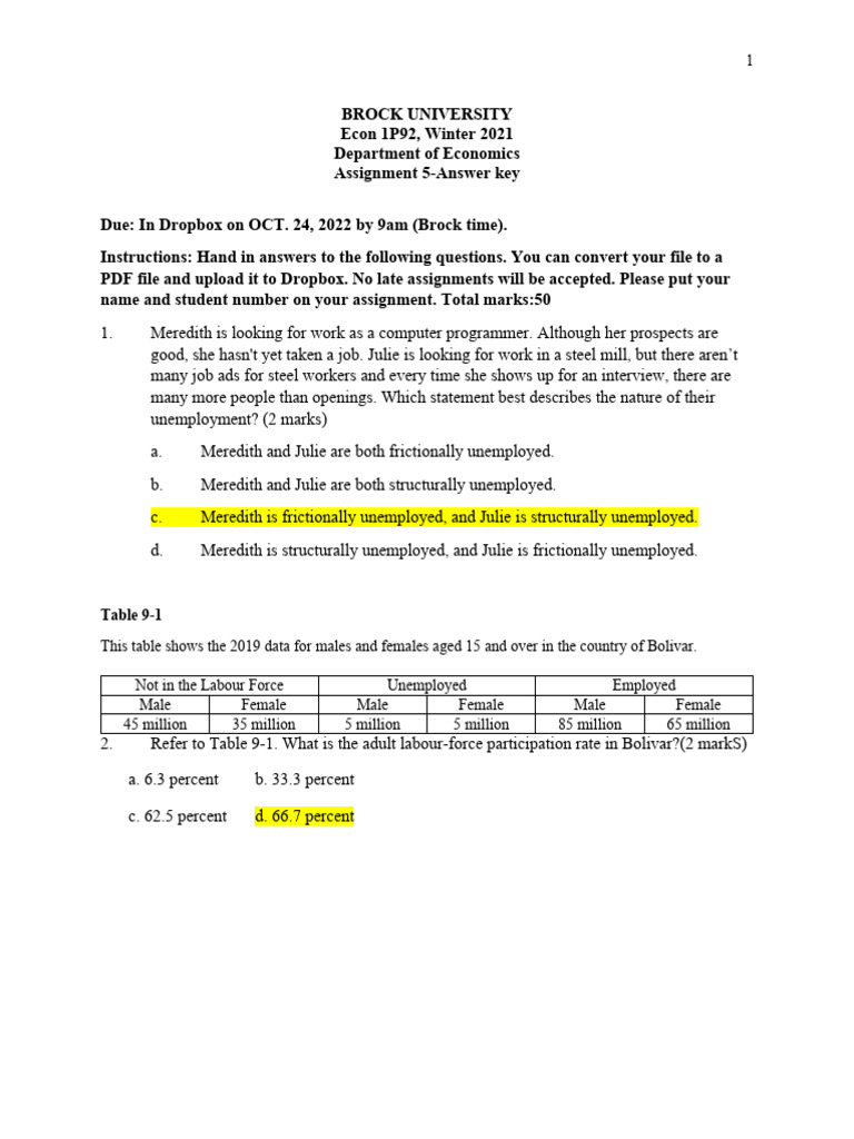 Assignment 5 - Answer Key Econ 1p92 | PDF | Unemployment | Labour Economics