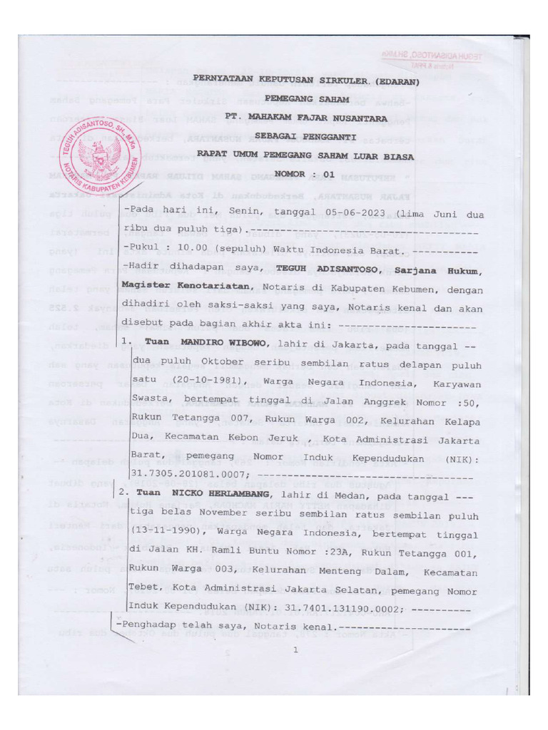 Akta Sirkuler Pt. MFN | PDF