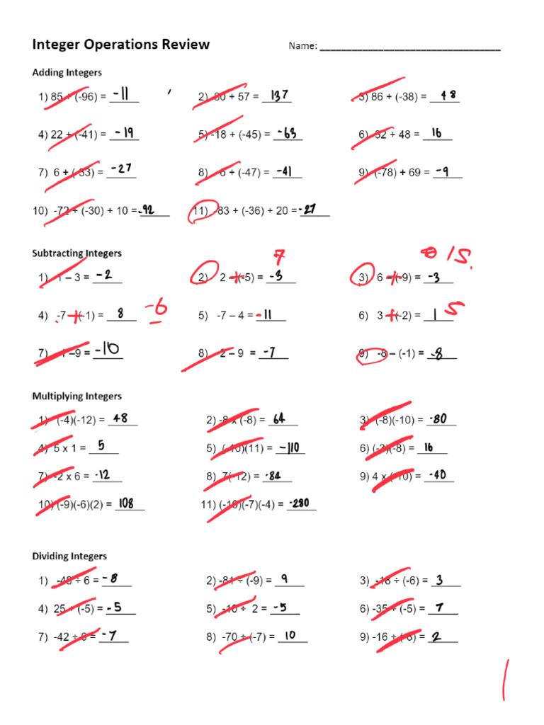 12 - Integer Operation Worksheet | PDF