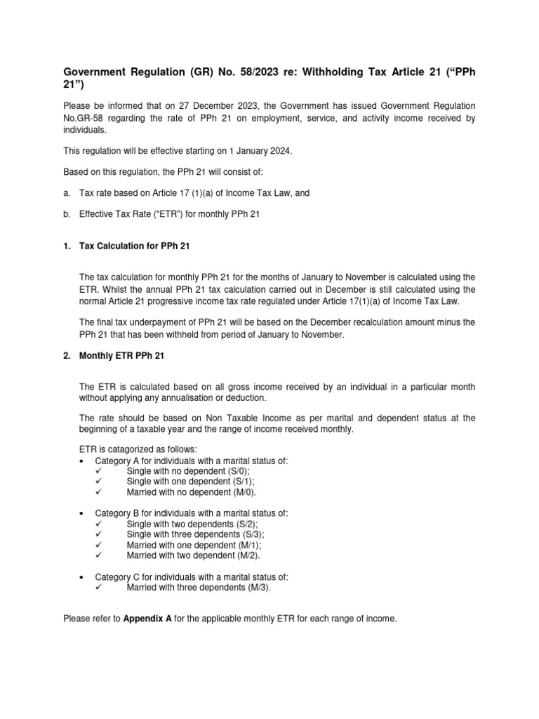 Government Regulation No 58 On PPH 21 (Wef 1 Jan 2024) | PDF | Taxation ...