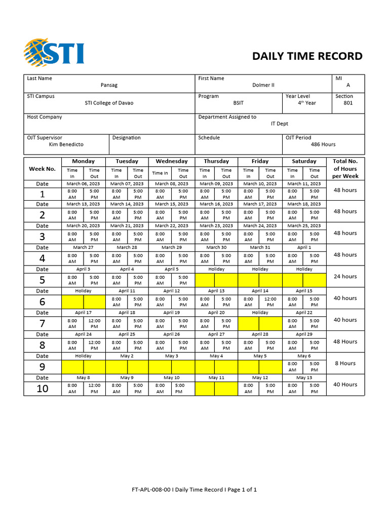 Daily Time Record: Week No. Monday Tuesday Wednesday Thursday Friday ...