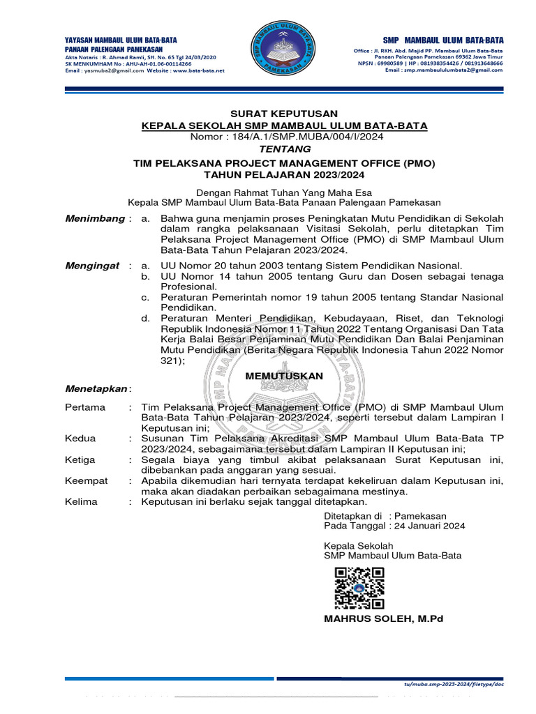 SK TIM Akreditasi Sekolah 2024 | PDF