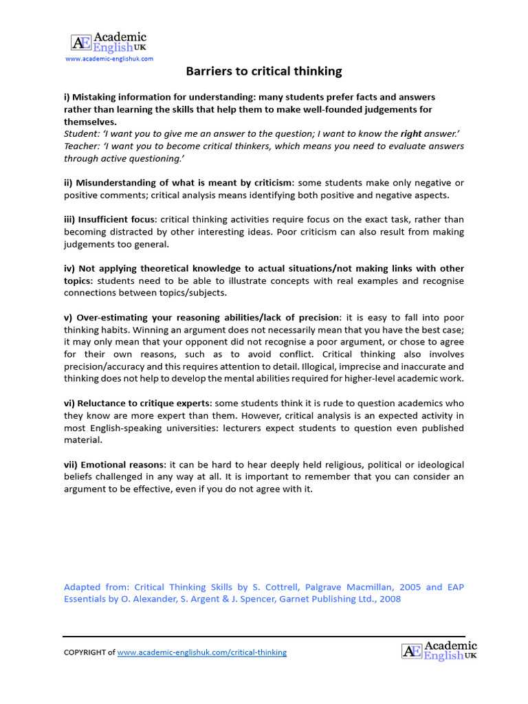 Barriers To Critical Thinking AEUK | PDF