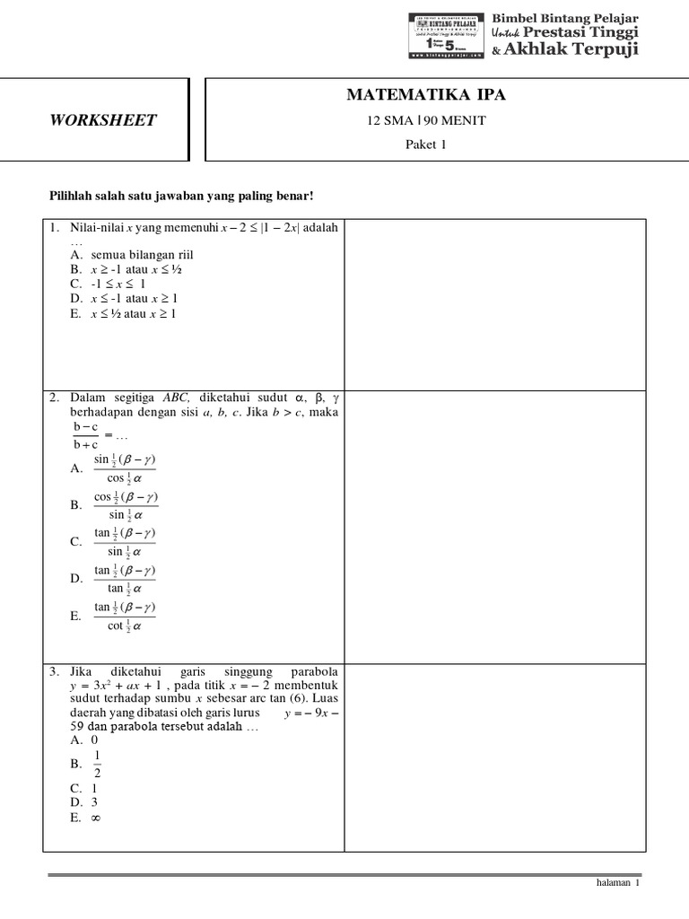 Ws SM Matematika Ipa - 12 Sma (Paket 1) (Layout) Ta 23-24 | PDF