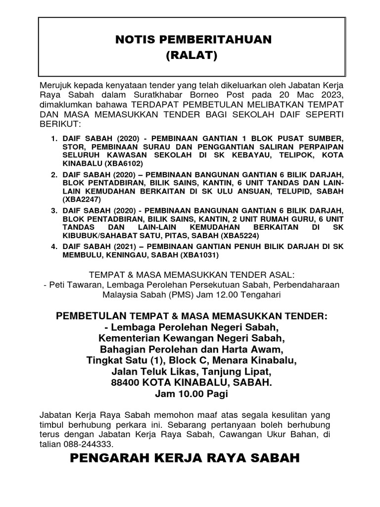 Ralat Notis Pemberitahuan SK Kibubuk | PDF