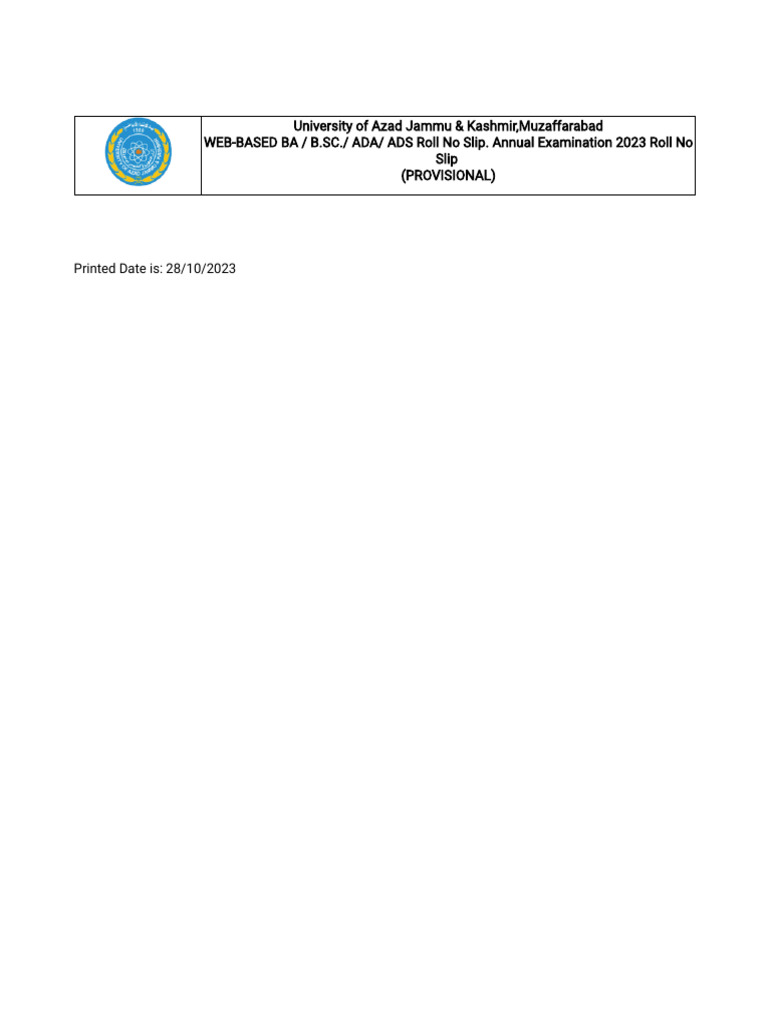 University Of Azad Jammu And Kashmir Ba B Sc Ada Ads Roll No Slip