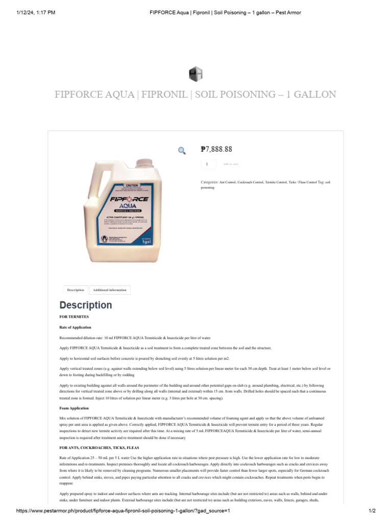 FIPFORCE Aqua - Fipronil - Soil Poisoning - 1 Gallon - Pest Armor | PDF