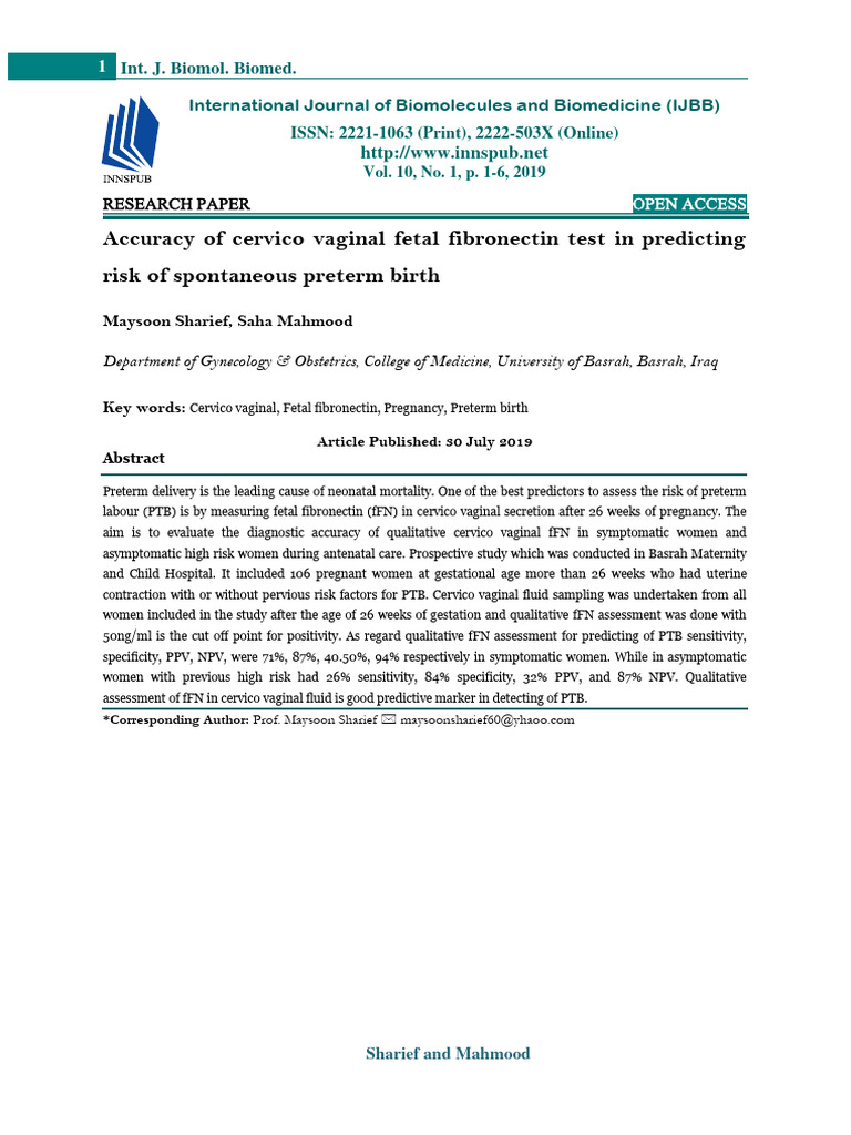 Fetal Fibronectin Test for Preterm Birth Prediction | PDF | Preterm ...