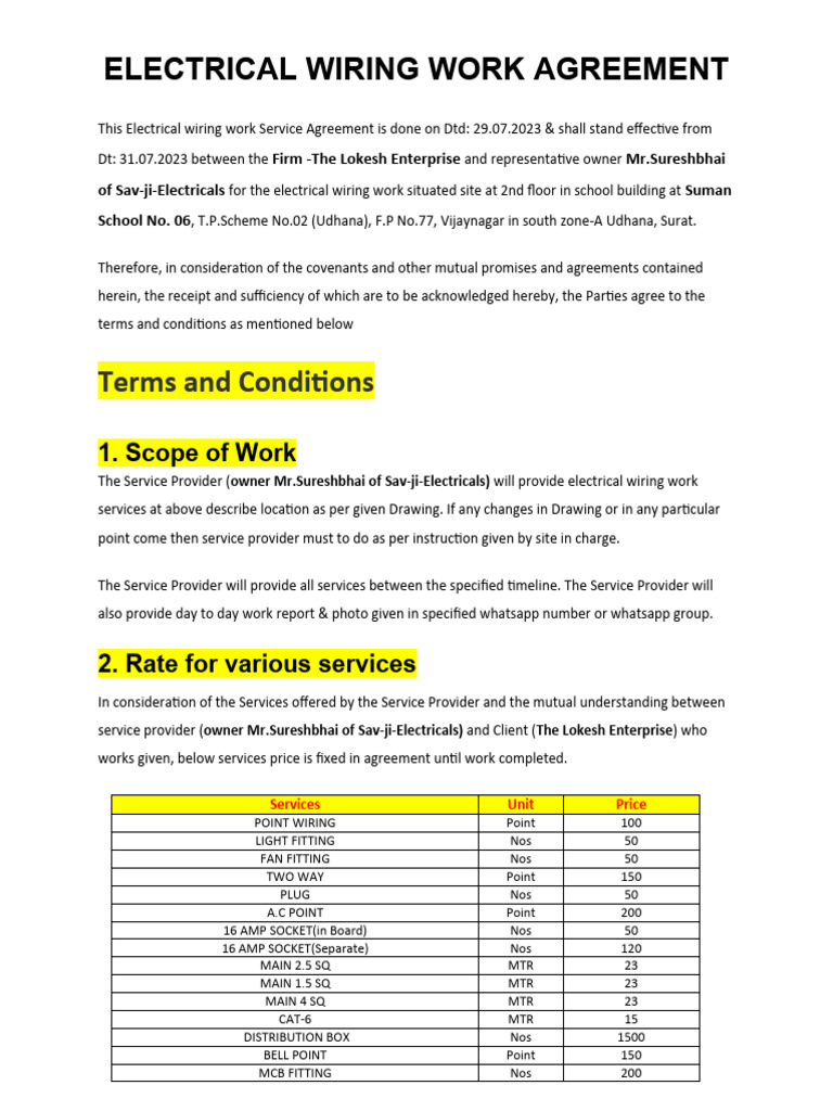 Electrical Wiring Work Agreement - English | PDF