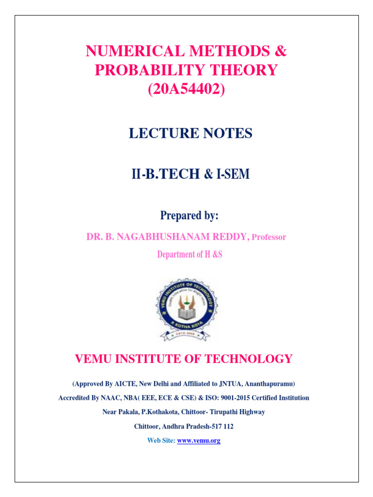 Numerical Methods & Probability Theory (20A54402) : Lecture Notes | PDF ...