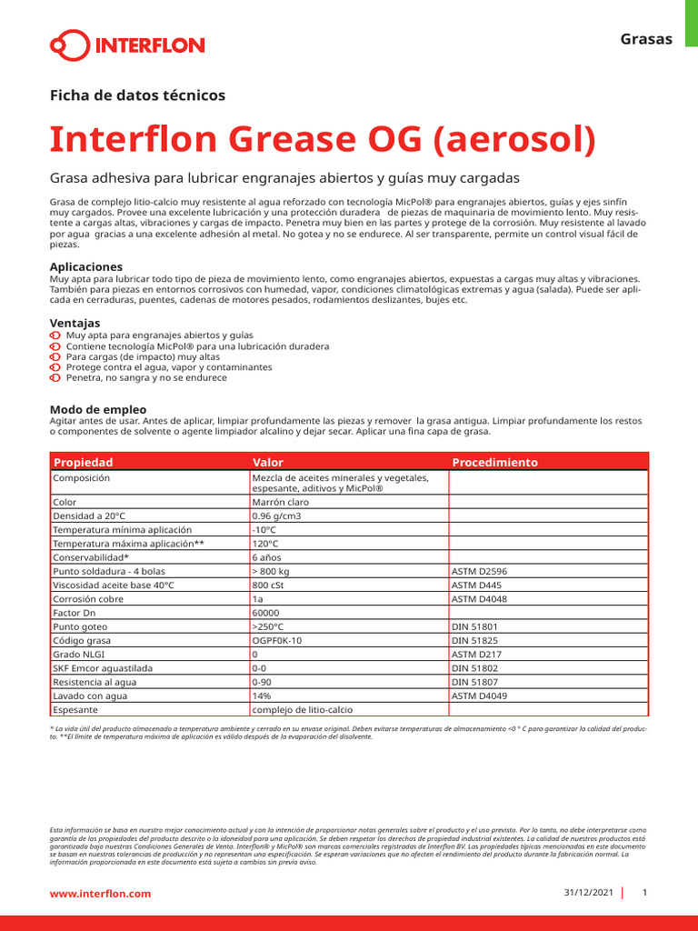 8376 TDS ES Es Interflon Grease OG Aerosol | PDF | Agua | Sector ...