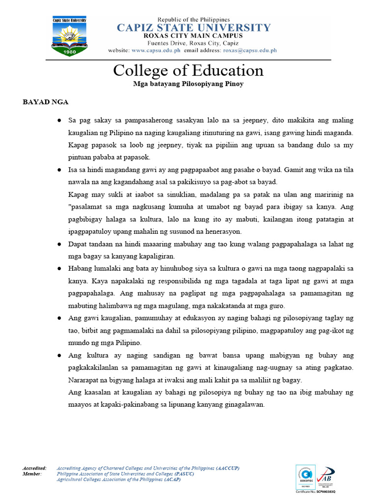 (V) ALINSOG, KAREN LOU C. Mga Batayang Pilosopiyang Pinoy (BAYAD NGA at NAGPAPAKATOTOO LANG AKO ...