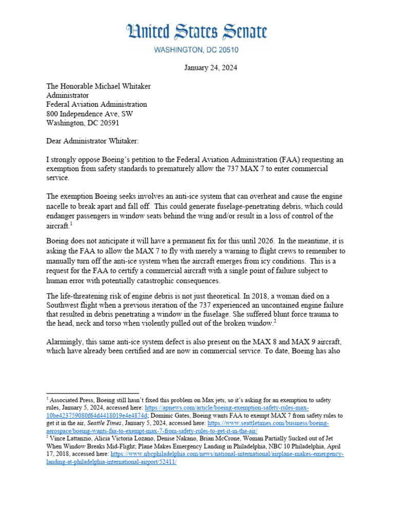 Letter From Sen. Tammy Duckworth To FAA | PDF | Federal Aviation ...
