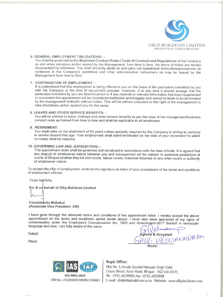 Appointment Letter Back Side | PDF