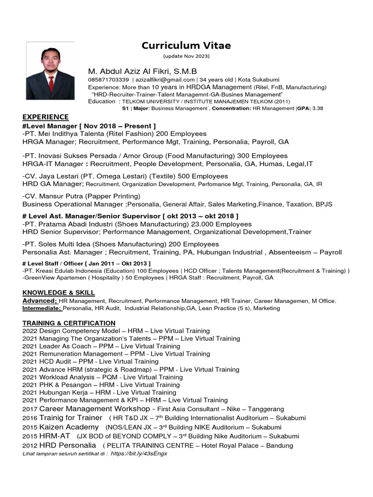 CV Muhamad Abdul Aziz Al Fikri 2023 New | PDF | Human Resource Management | Employee Relations
