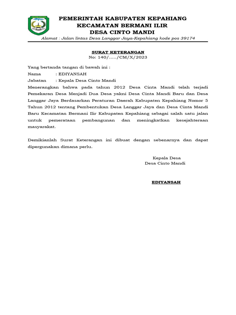 Surat Keterangan Desa Cinto Mandi | PDF