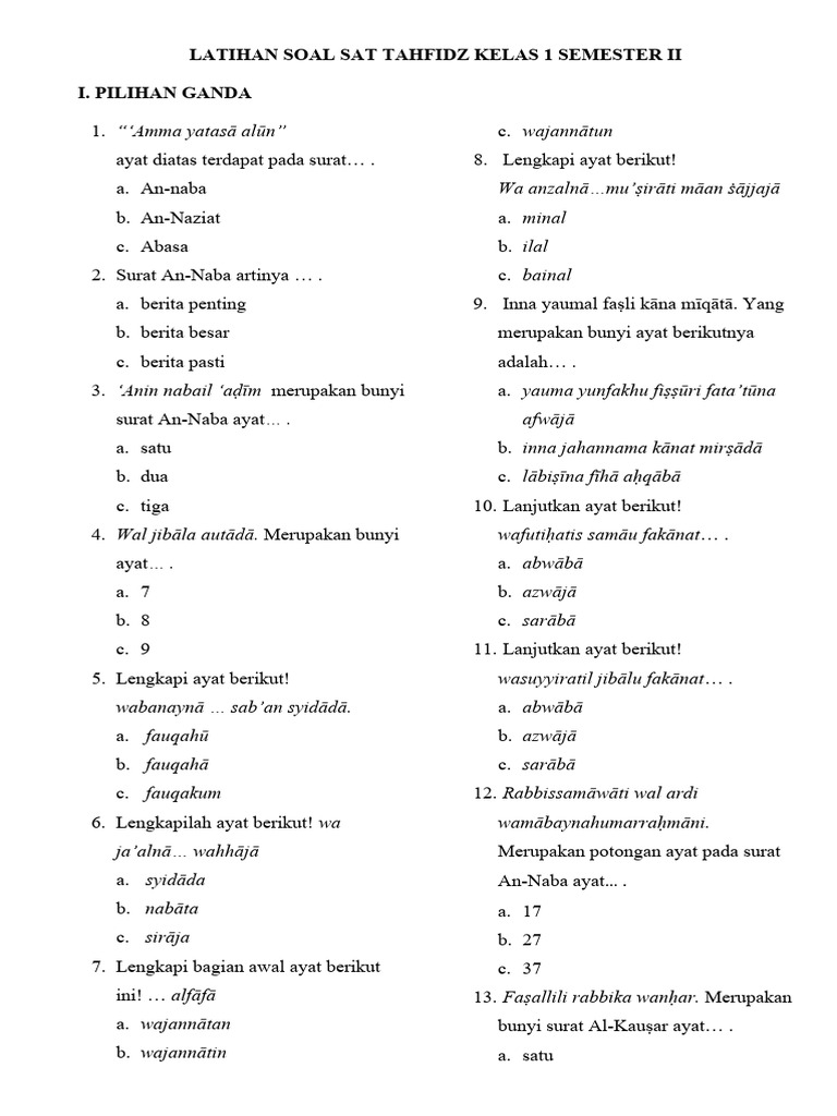 Latihan Soal Dan Kisi-Kisi SAT KLS 1 Tahfidz SMT 2 2023 | PDF | Seni & Disiplin Bahasa