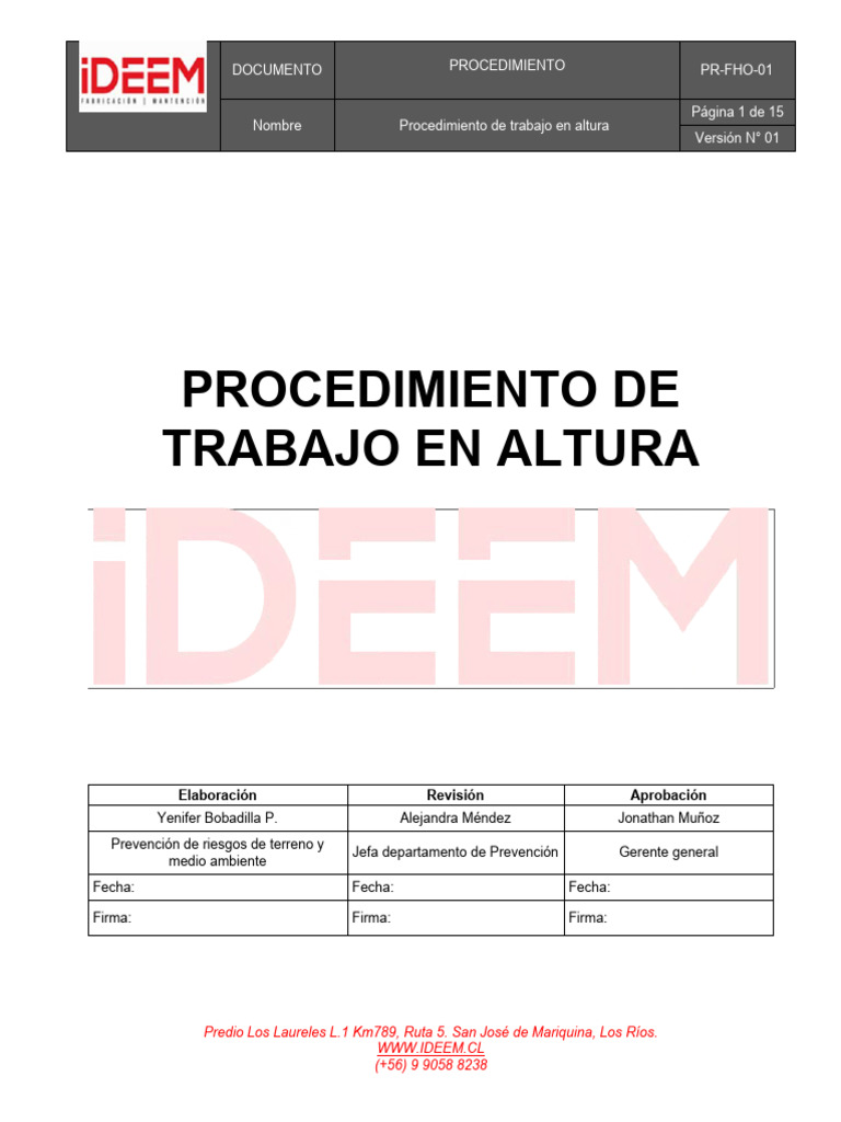 Pr-Fho-01 Procedimiento de Trabajo en Altura | Descargar gratis PDF | Seguridad y salud ...