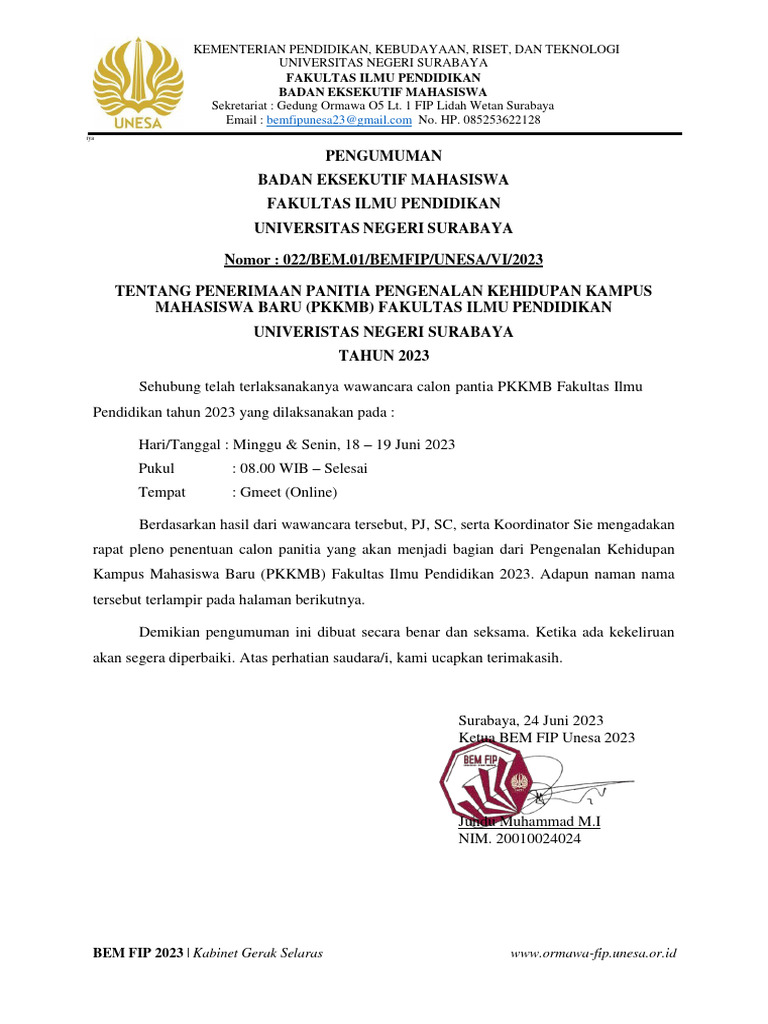 2pengumuman Panitia Pkkmb. | PDF