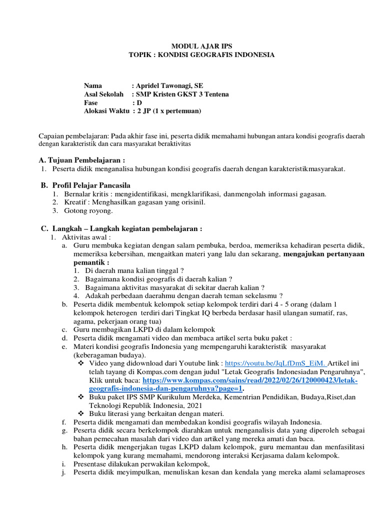 Modul Ajar Ips Kondisi Geografis Indonesia Kelas 7 Pdf - EmriDev