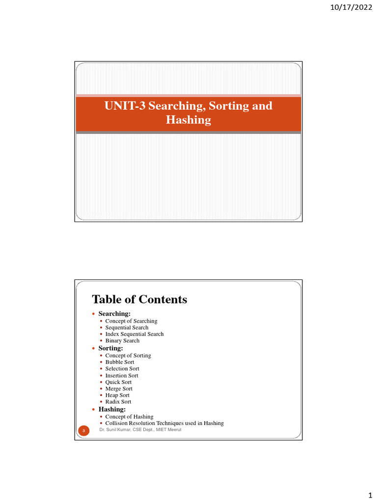 Kcs301 Data Structure Unit 3 Searching Sorting Hashing Pdf Computer Programming Algorithms