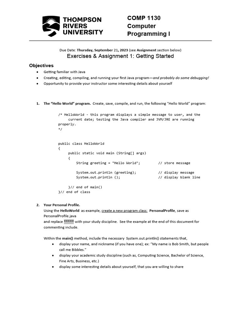 Assignment 1 - Introducion To Java | Download Free PDF | Java (Programming Language) | Computer ...