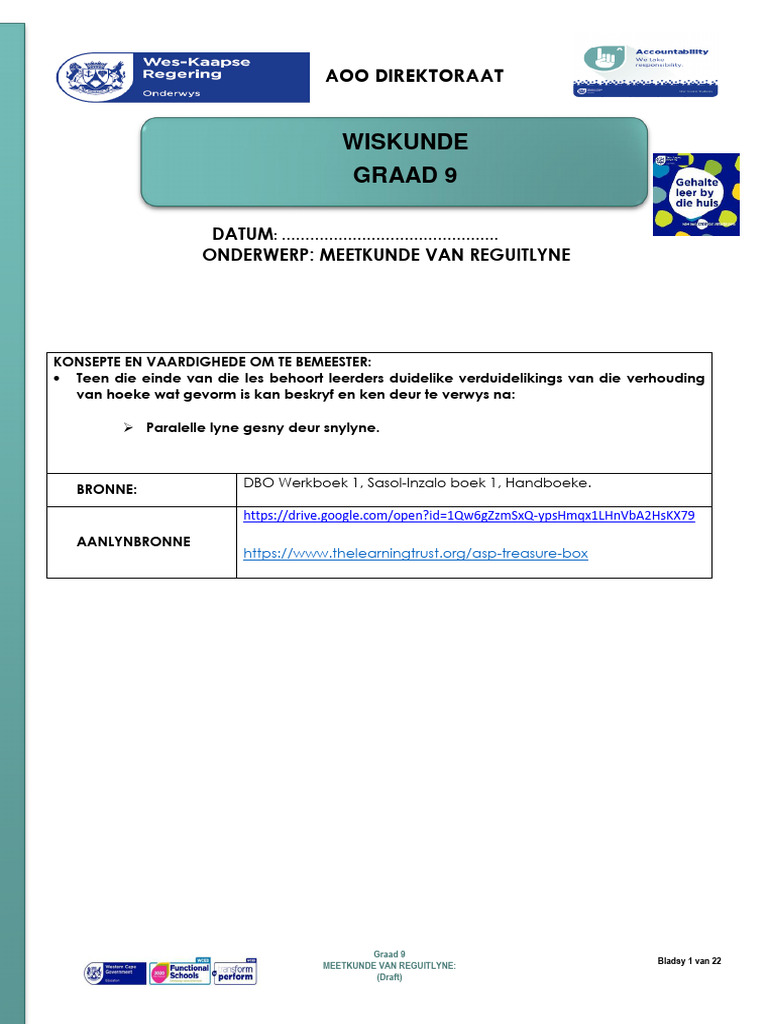 SF Graad 9 Wiskunde Reguitlyn Meetkunde Les 2 | PDF