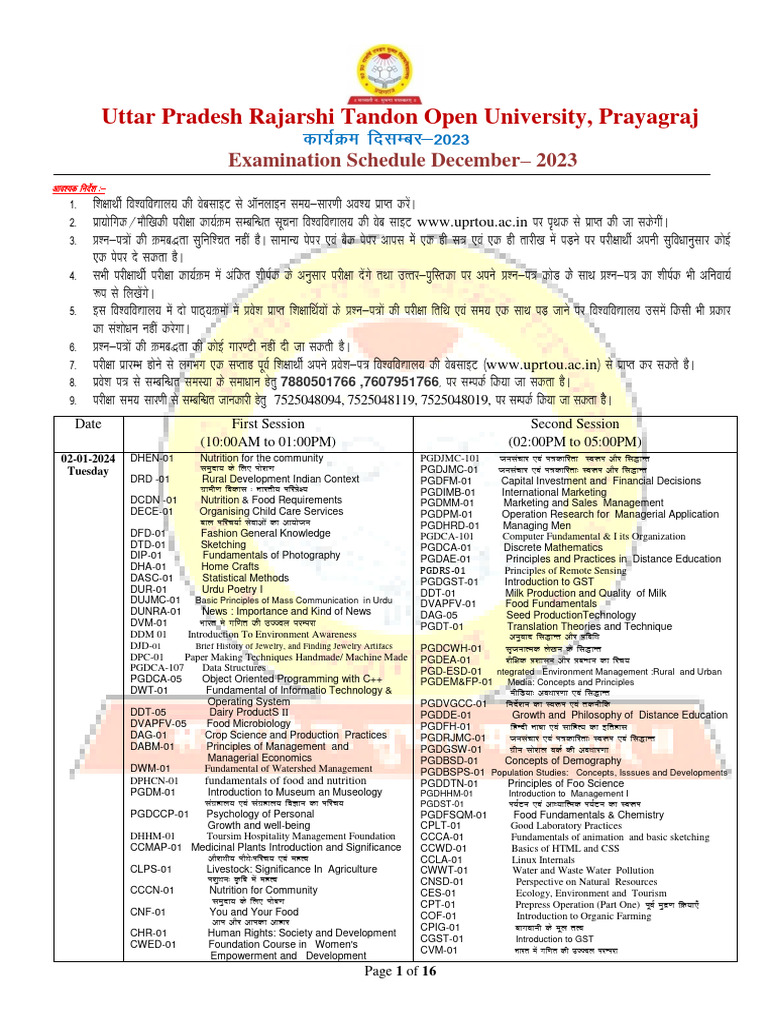 22-12-23 Time Table Dec 2023 | PDF | Agribusiness | Behavior