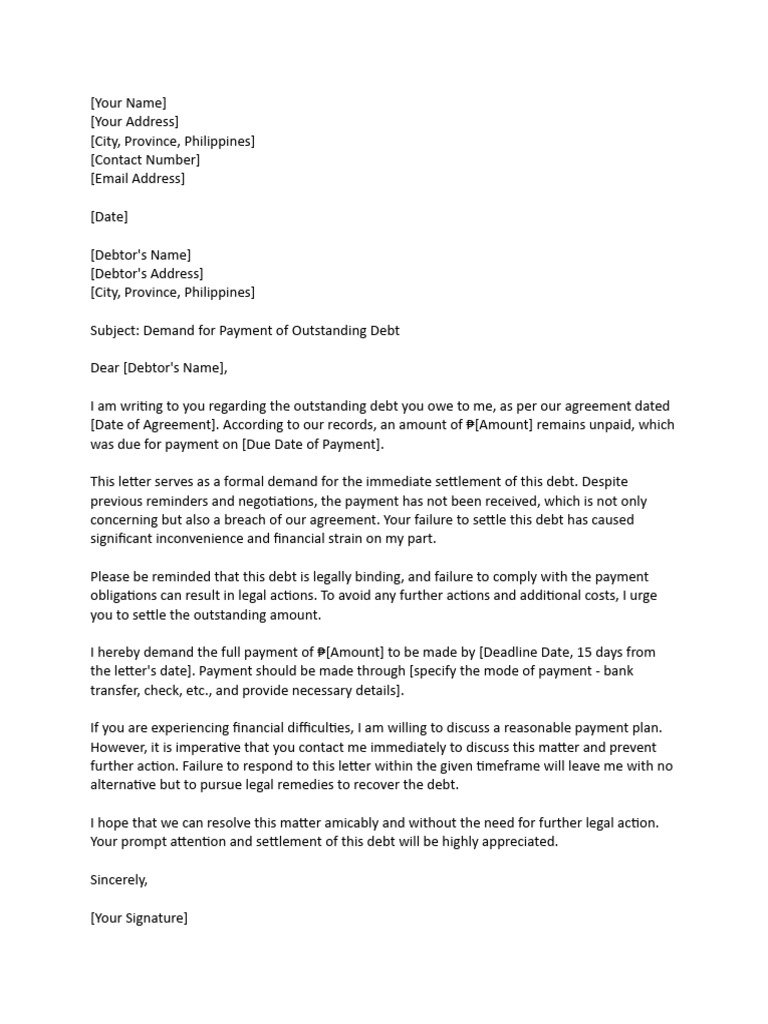 Demand Letter for Outstanding Debt | PDF | Law