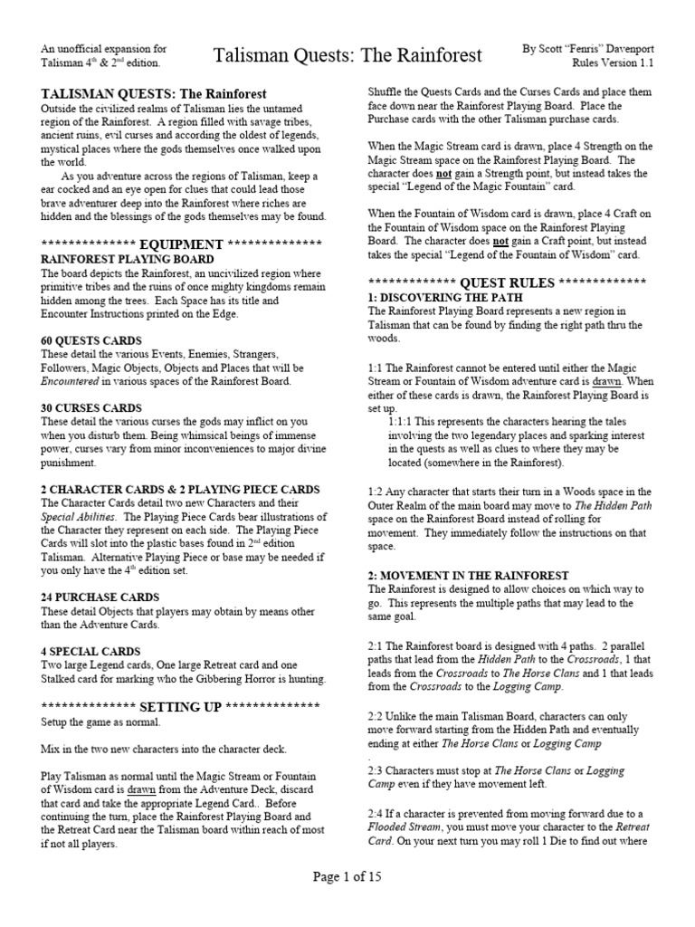 Talisman Quests Rainforest Rules Pdf