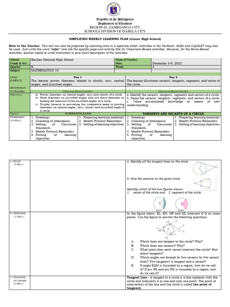Q2W5 Math10 WLP | PDF | Tangent | Circle